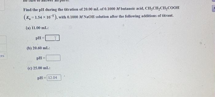 Solved Find the pH during the titration of 20.00 mL of | Chegg.com