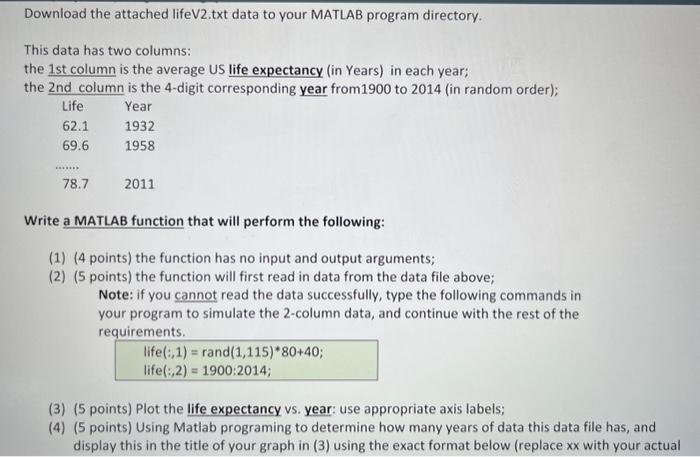 Solved Download the attached lifeV2.txt data to your MATLAB | Chegg.com