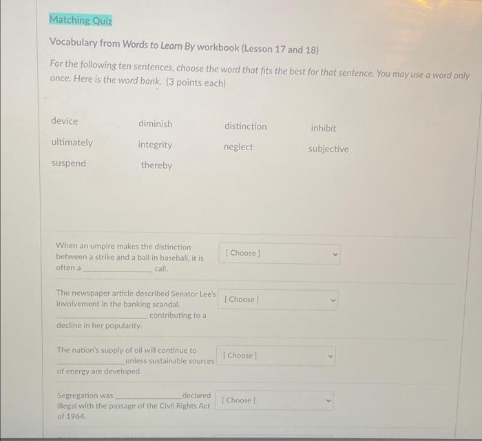 Matching Quiz Vocabulary from Words to Learn By | Chegg.com