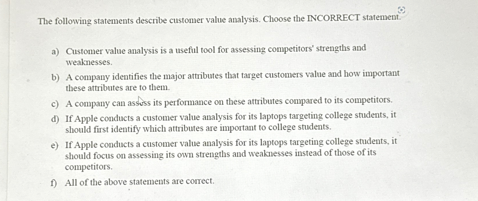 Solved The following statements describe customer value | Chegg.com