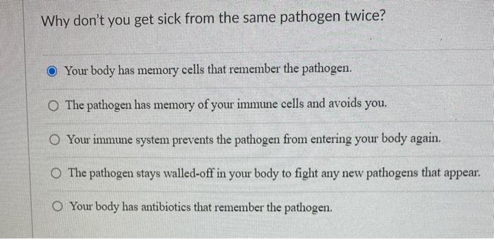 Solved Why don't you get sick from the same pathogen twice? | Chegg.com