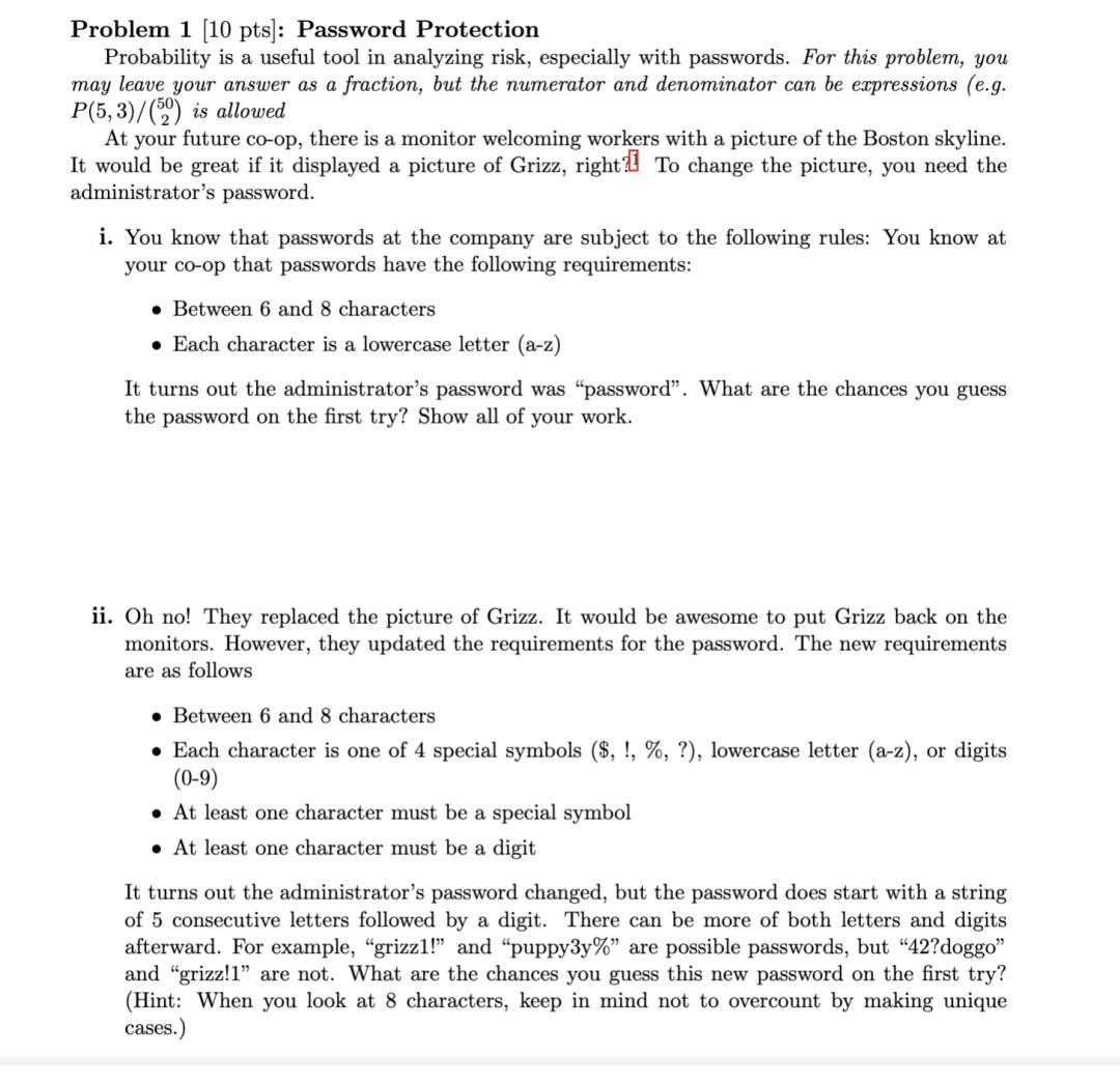 Solved Problem 1 (10 pts): Password Protection Probability | Chegg.com