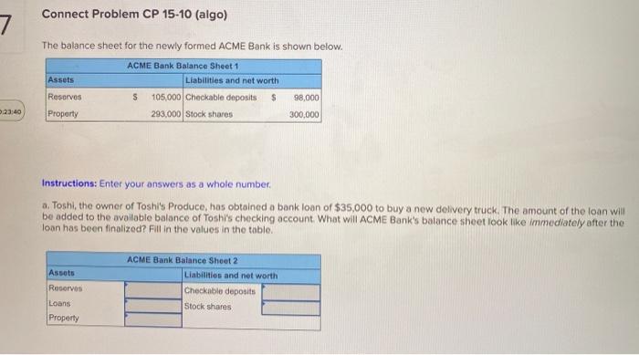 Solved Connect Problem CP 15-10 (algo) 7 The balance sheet | Chegg.com