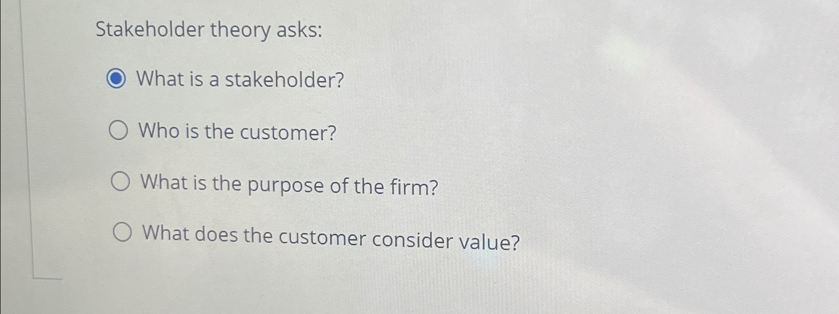 Solved Stakeholder theory asks:What is a stakeholder?Who is | Chegg.com