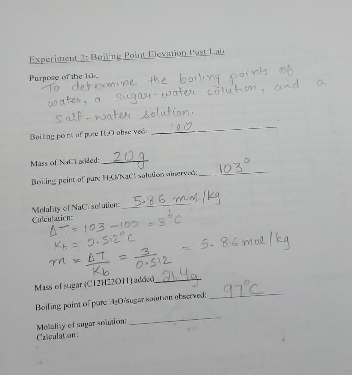 Solved o Experiment 2: Boiling Point Elevation Post Lab | Chegg.com