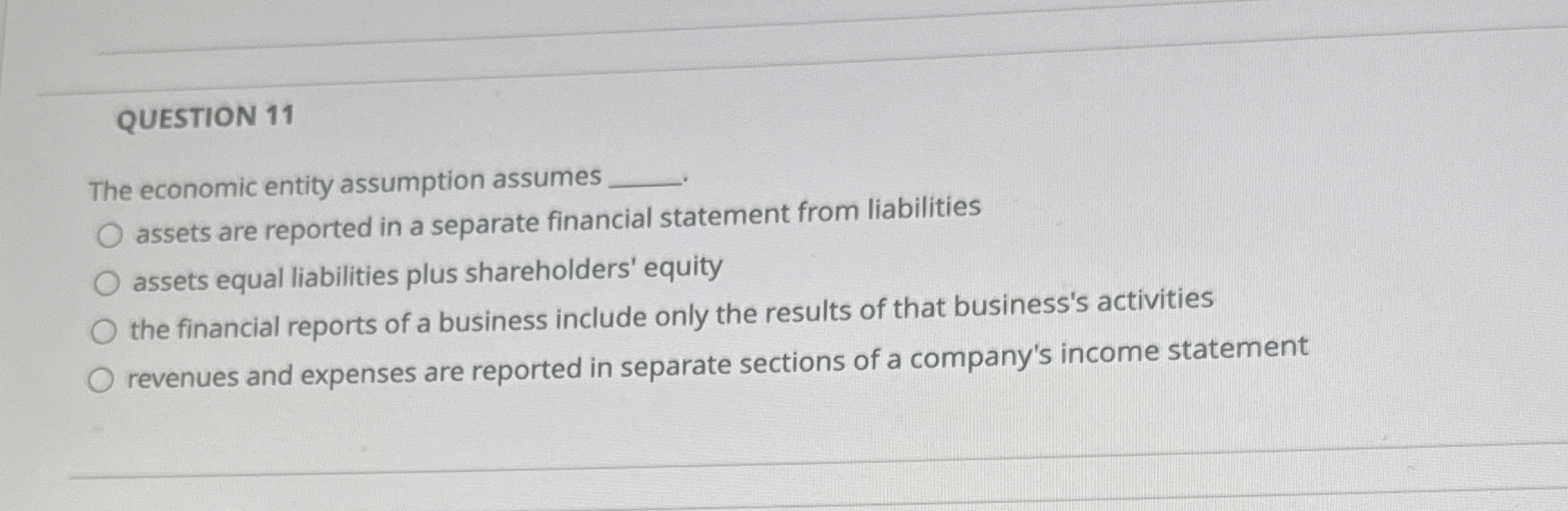 Solved QUESTION 11The economic entity assumption | Chegg.com