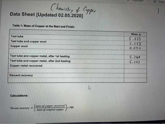 Solved 2 Erase Chemistry of Copper Data Sheet [Updated | Chegg.com