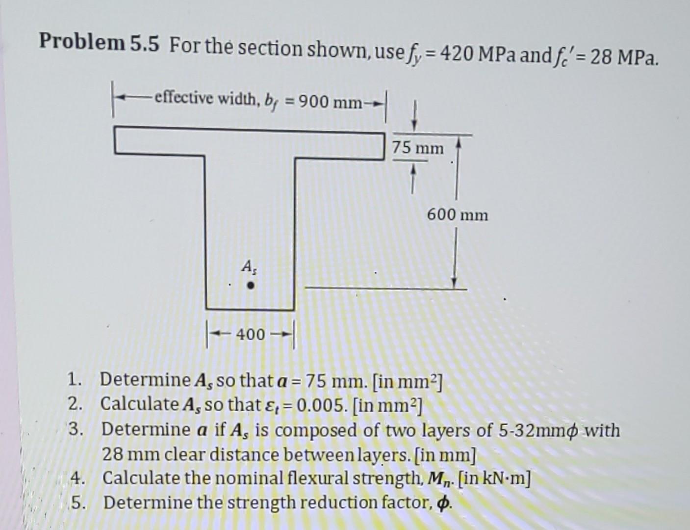 Solved Problem 5.5 For the section shown, use fy= 420 MPa | Chegg.com
