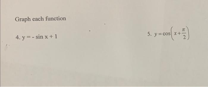Solved Graph each function 4. y=−sinx+1 5. y=cos(x+2π) | Chegg.com