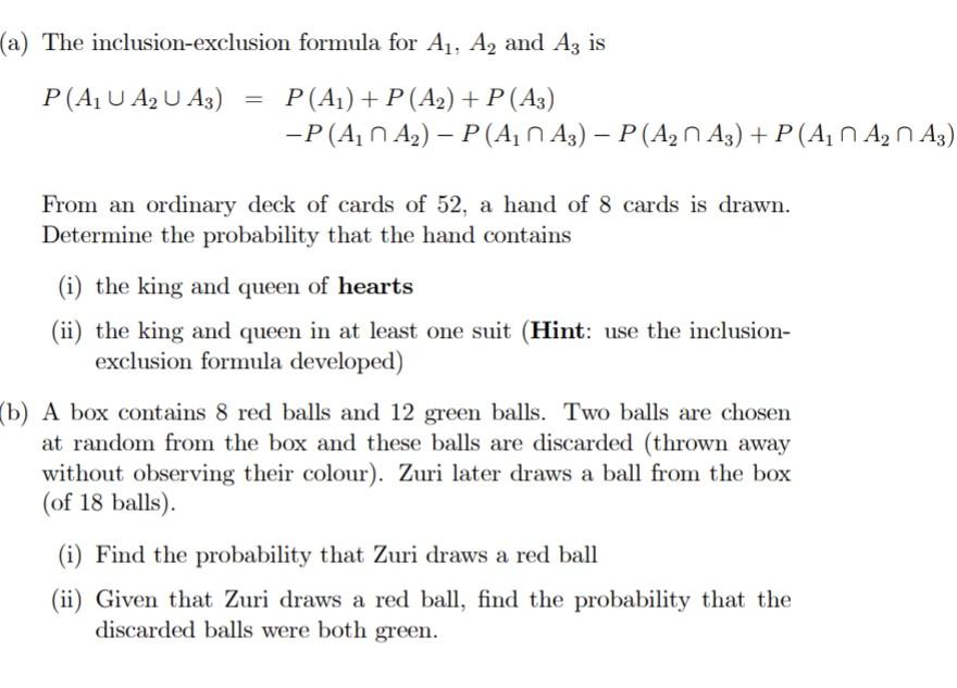 Solved (a) The inclusion-exclusion formula for A1, A2 and Az | Chegg.com