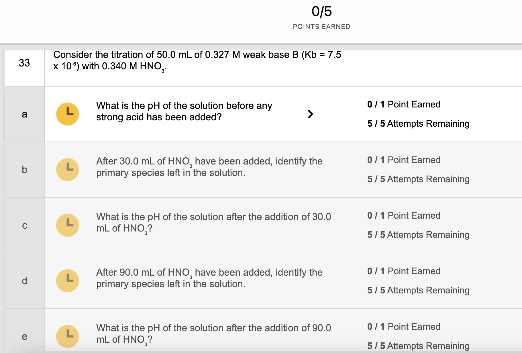 Solved 33 ﻿Consider the titration of 50.0mL ﻿of 0.327M ﻿weak | Chegg.com