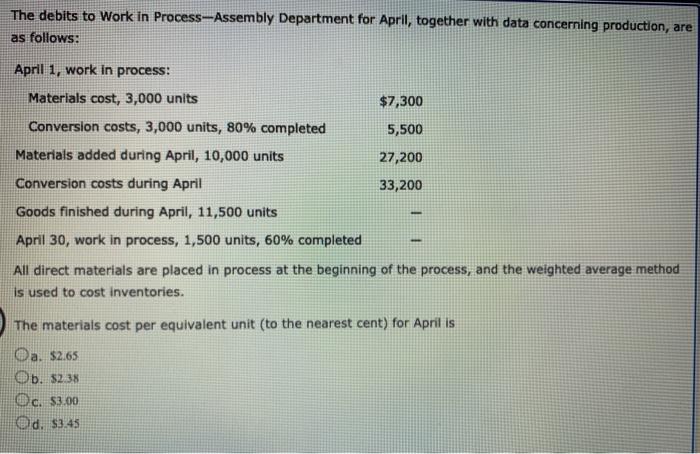 Solved The debits to Work in Process-Assembly Department for | Chegg.com