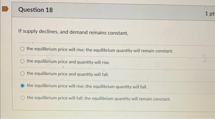 Solved If supply declines, and demand remains constant, the | Chegg.com