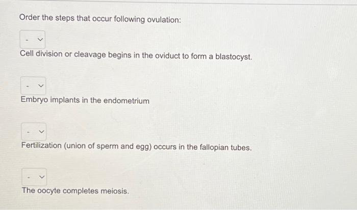 Solved Order the steps that occur following ovulation: Cell | Chegg.com