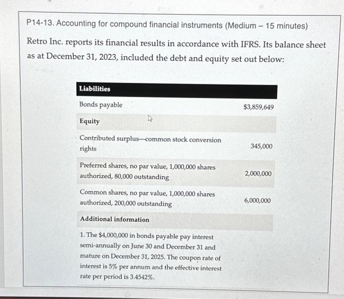 Solved P14-13. Accounting for compound financial instruments | Chegg.com