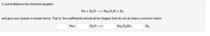 Solved (1 point) Balance the chemical equation Na+H20 Na2O2H | Chegg.com
