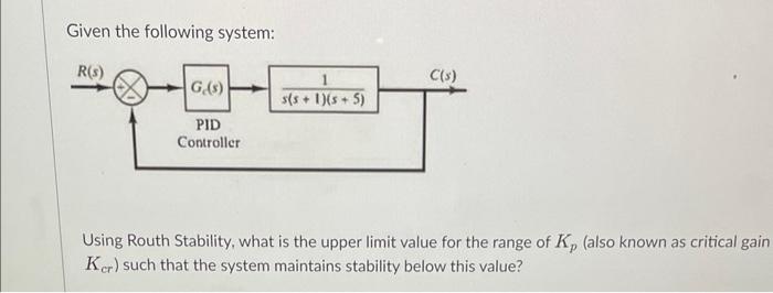 Solved Given the following system: Using Routh Stability, | Chegg.com
