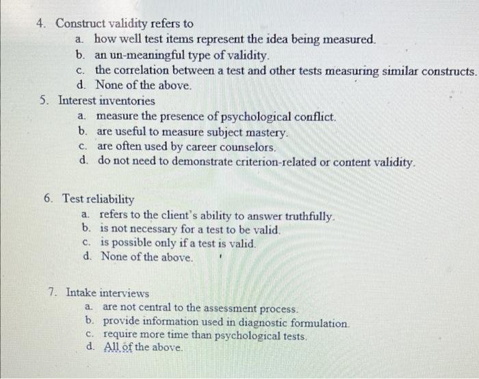Solved 4. Construct validity refers to a. how well test | Chegg.com