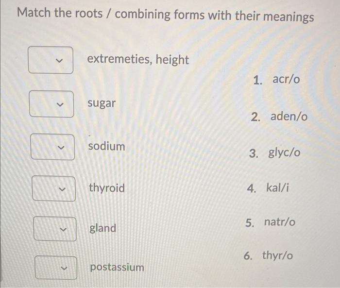 Solved Match the roots / combining forms with their meanings | Chegg.com