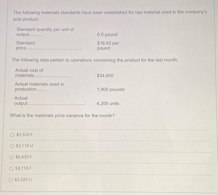 Solved The following materials standards have been | Chegg.com