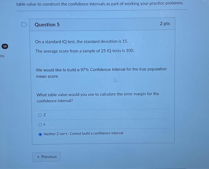 Solved 16 ns table value to construct the confidence | Chegg.com
