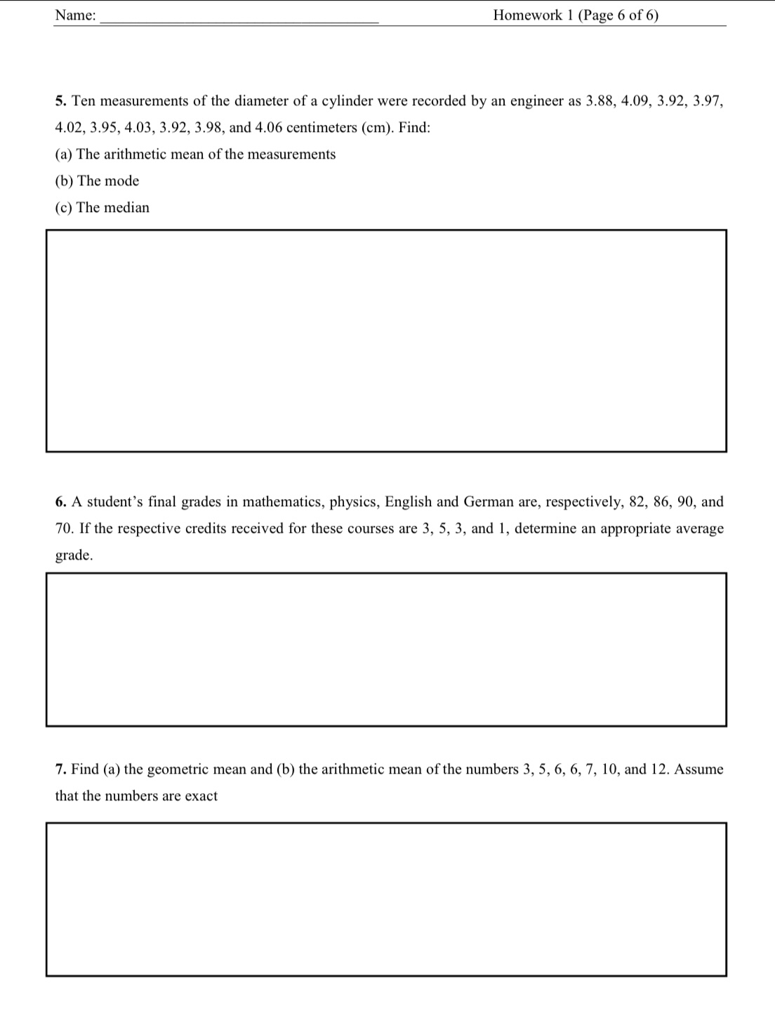 Solved Name:Homework 1 (Page 6 ﻿of 6 )5. ﻿Ten measurements | Chegg.com
