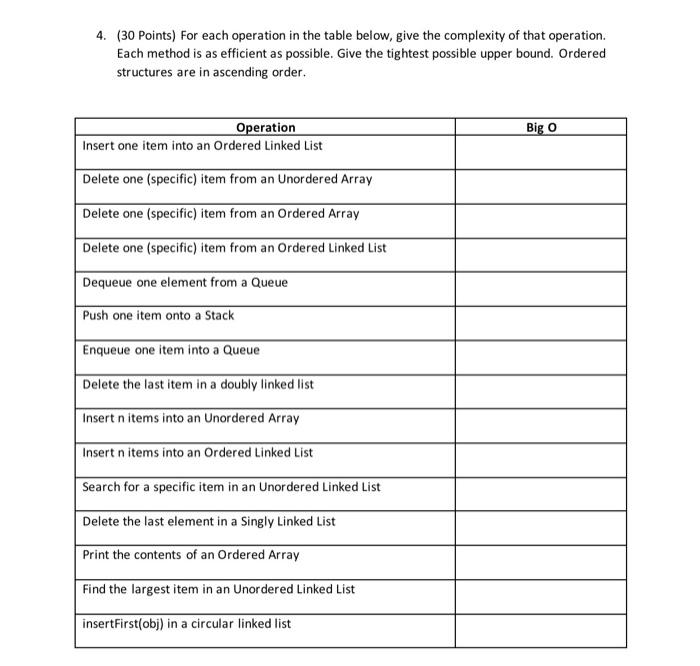Solved 4. (30 Points) For each operation in the table below, | Chegg.com