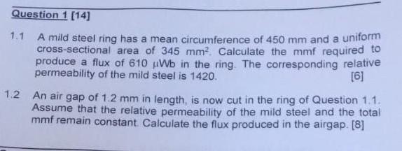 Solved 1.1 A mild steel ring has a mean circumference of 450 | Chegg.com