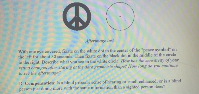 Solved @ Afterimage test With one eye covered, fixate on the | Chegg.com
