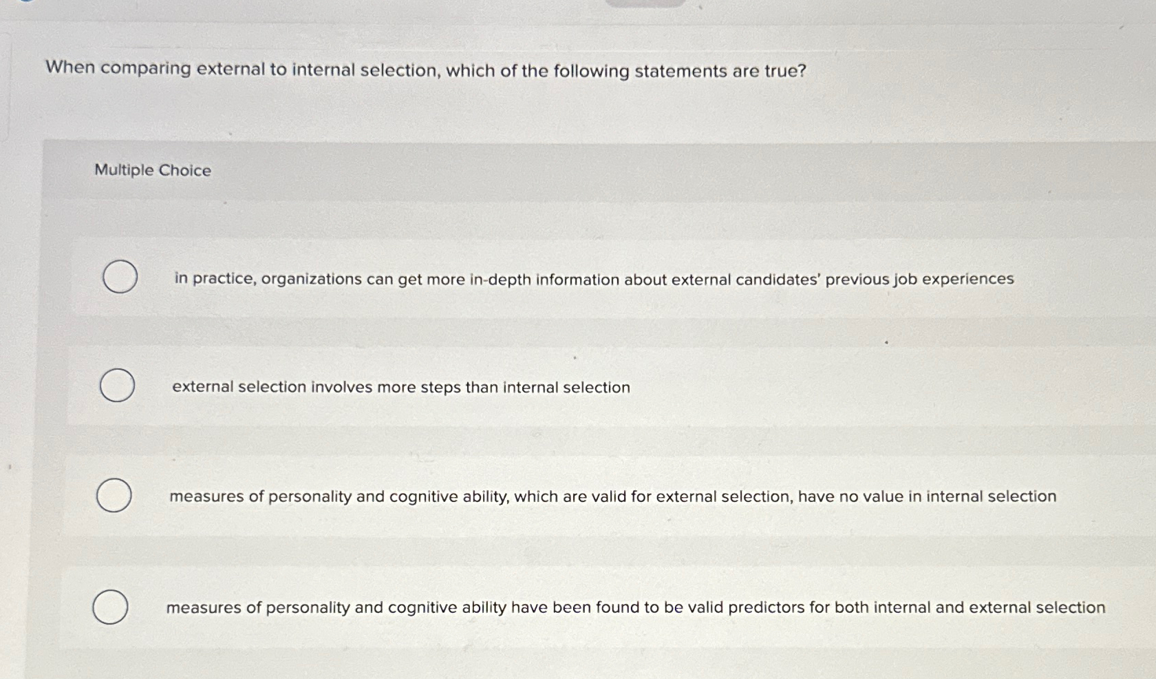 Solved When comparing external to internal selection, which | Chegg.com