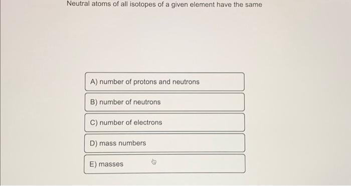 Solved Neutral atoms of all isotopes of a given element have | Chegg.com