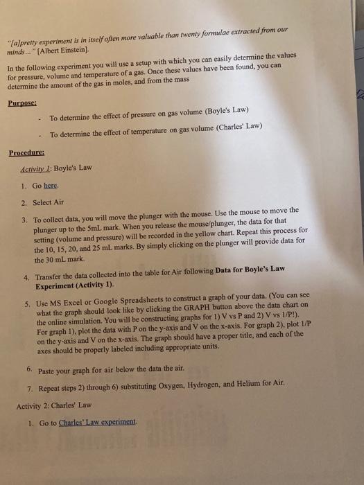 Solved Data for Charles' Law Experiment (Activity 2) 112 | Chegg.com