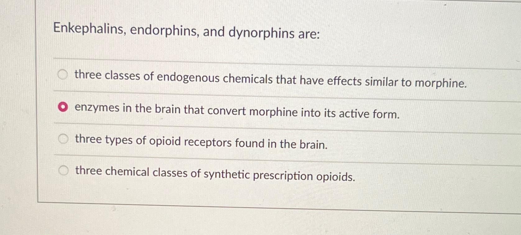 Enkephalins, endorphins, and dynorphins are:three | Chegg.com