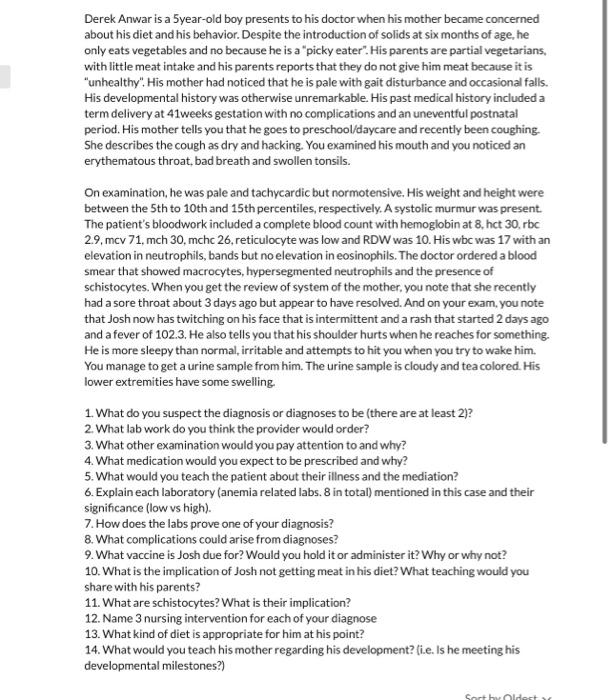 Solved Derek Anwar is a 5year-old boy presents to his doctor | Chegg.com