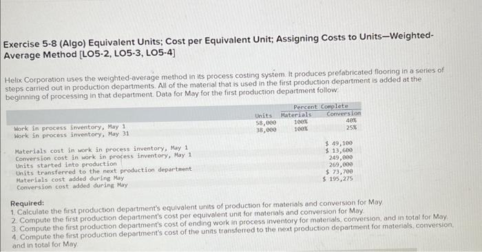 Solved Exercise 5-8 (Algo) Equivalent Units; Cost per | Chegg.com