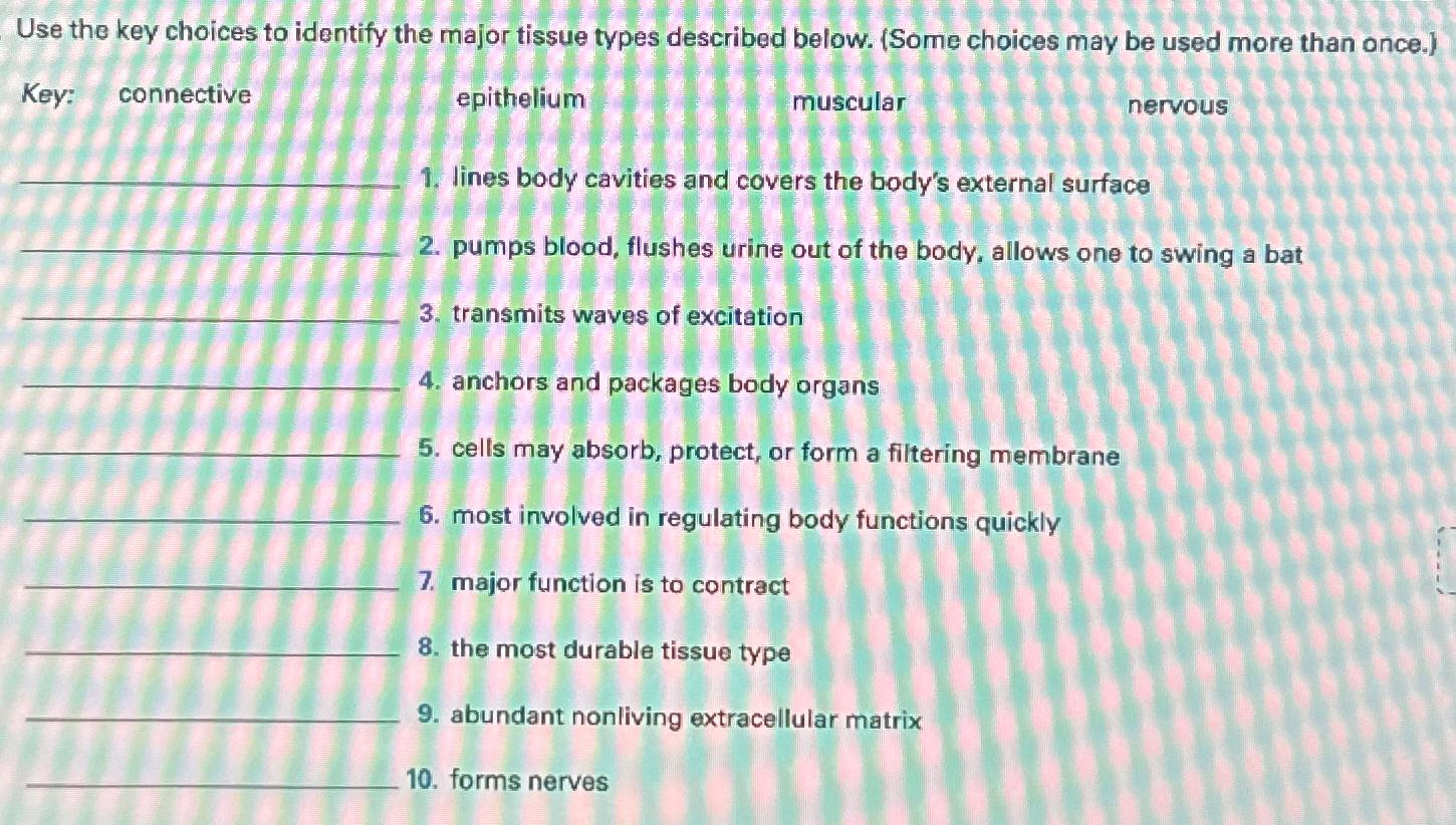 Solved Use the key choices to identify the major tissue | Chegg.com