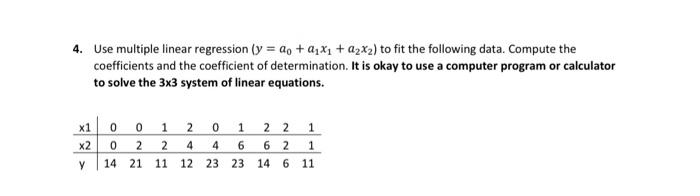 Solved 4. Use multiple linear regression (y=a0+a1x1+a2x2) to | Chegg.com
