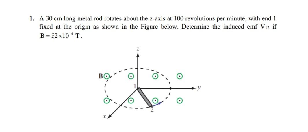 Solved 1. A 30 cm long metal rod rotates about the z-axis at | Chegg.com