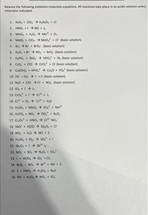 Solved Balance the following oxidation-reduction equations. | Chegg.com