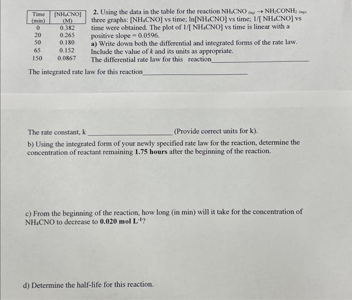 Solved 2. Using the data in the table for the reaction | Chegg.com