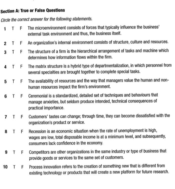 Solved Section A: True or False Questions Circle the correct | Chegg.com