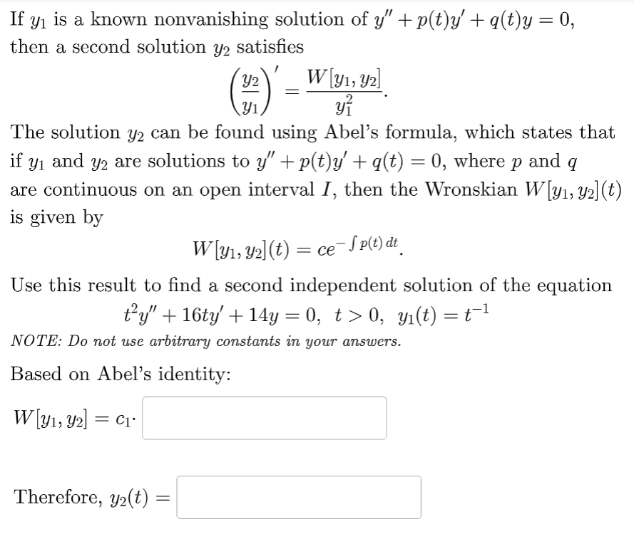 Solved If y1 is ﻿a known nonvanishing solution | Chegg.com