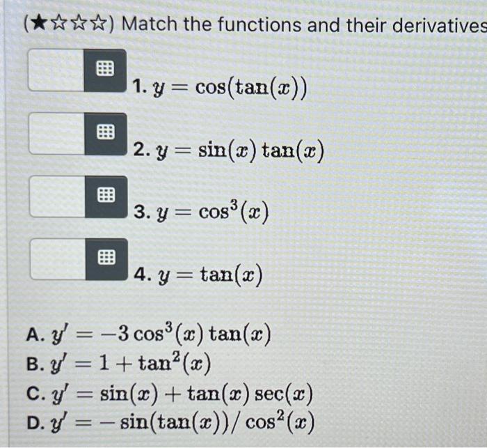 Solved 1. y=cos(tan(x)) 2. y=sin(x)tan(x) 3. y=cos3(x) 4. | Chegg.com