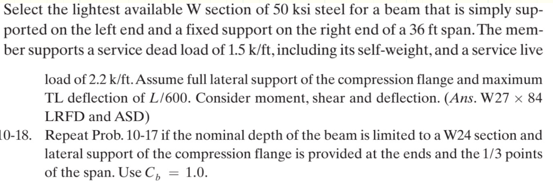 Solved Select the lightest available W section of 50ksi | Chegg.com