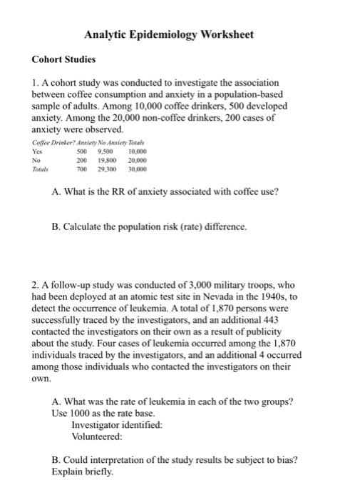 Solved Analytic Epidemiology Worksheet Cohort Studies 1. A | Chegg.com