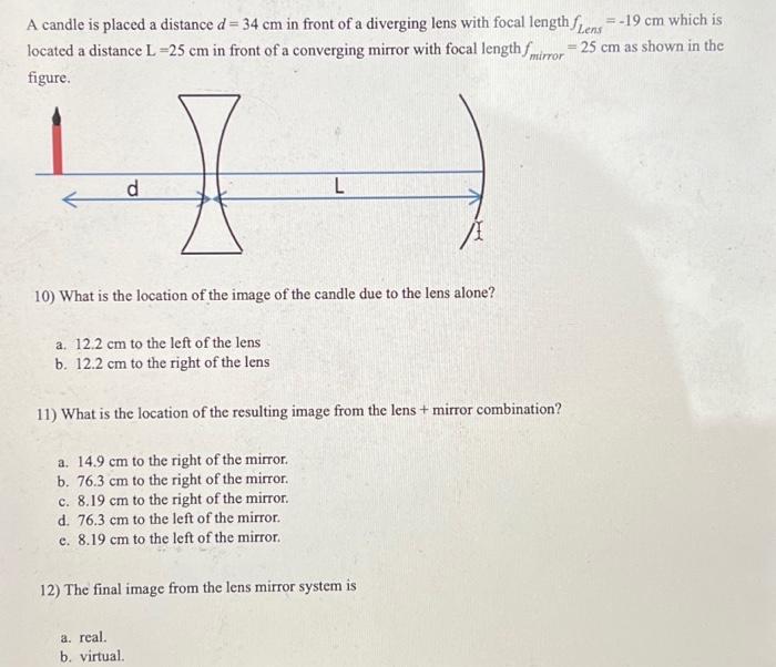 Solved A candle is placed a distance d=34 cm in front of a | Chegg.com