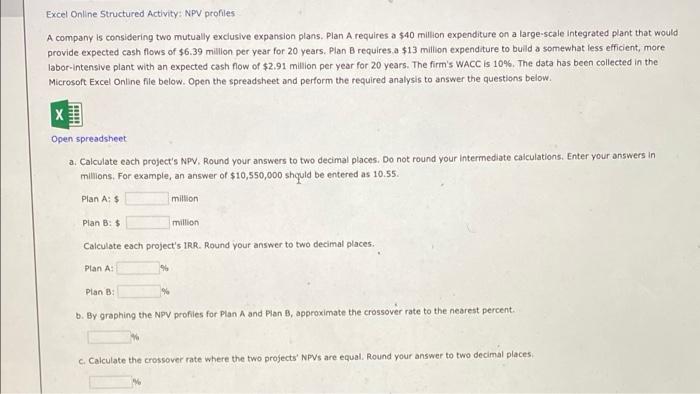 Solved Excel Online Structured Activity: NPV profiles A | Chegg.com