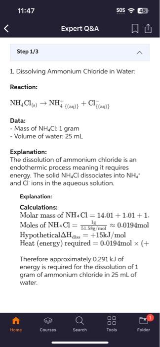 Solved 1. Dissolving Ammonium Chloride in Water: Reaction: | Chegg.com