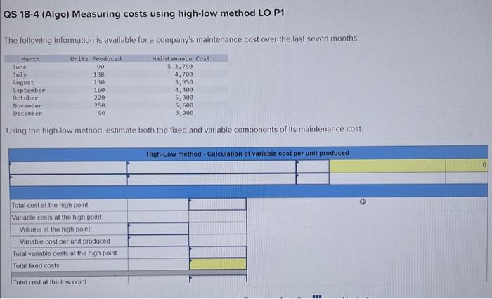 Solved QS 18-4 (Algo) Measuring costs using high-low method | Chegg.com