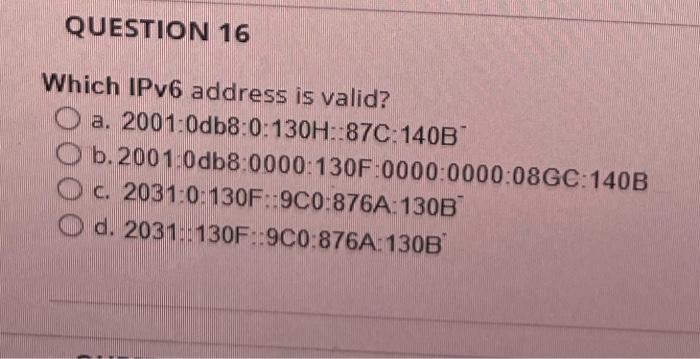 Solved Which option is a valid IPv6 address? a. | Chegg.com